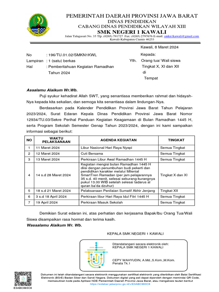 Surat Edaran Kegiatan Ramadhan 2024 - Orang Tua 08032024 022156 Signed | PDF