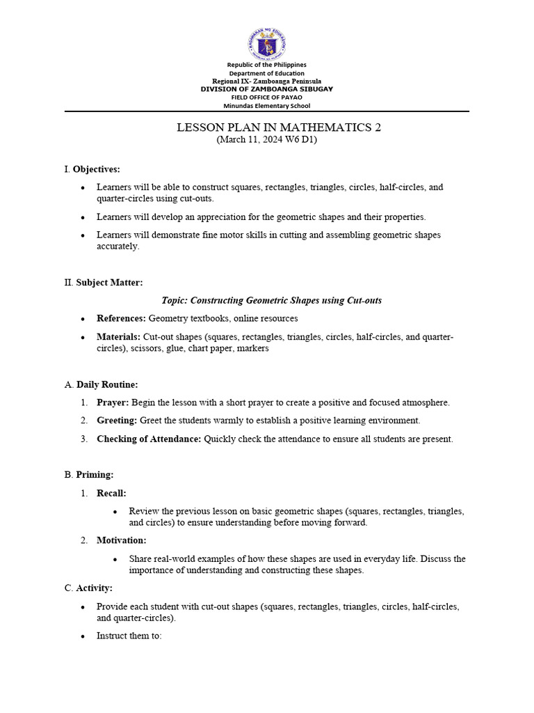 Lesson Plan in Mathematics 2 | PDF | Learning | Shape