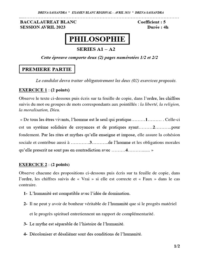 Bac Blanc 2023 PHILOSOPHIE Serie A Sujet+barème | PDF | Liberté | Dieu