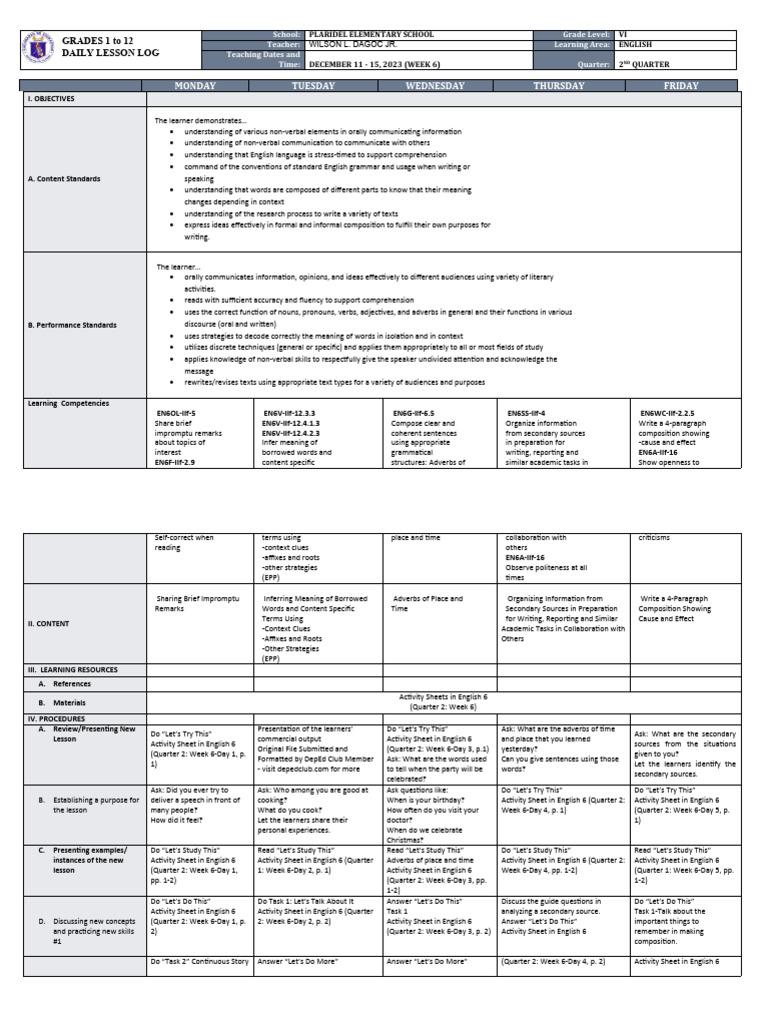 DLL - English 6 - Q2 - W6 | PDF | Reading Comprehension | English Language