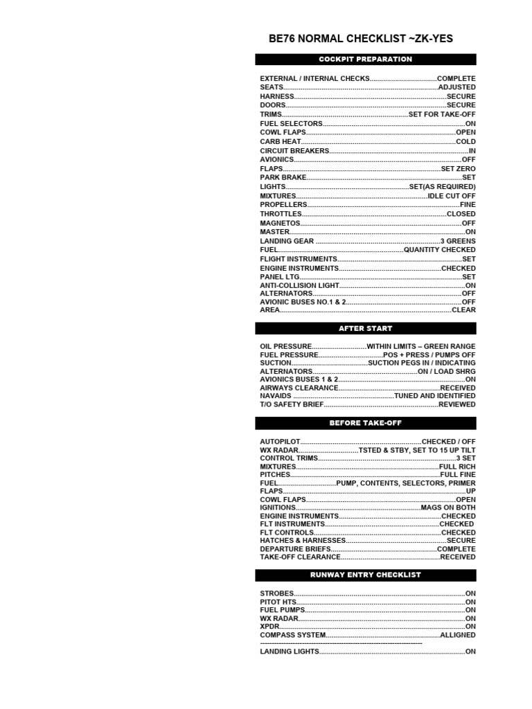 BE76 Checklist ZK-YES | PDF | Vehicle Parts | Aircraft