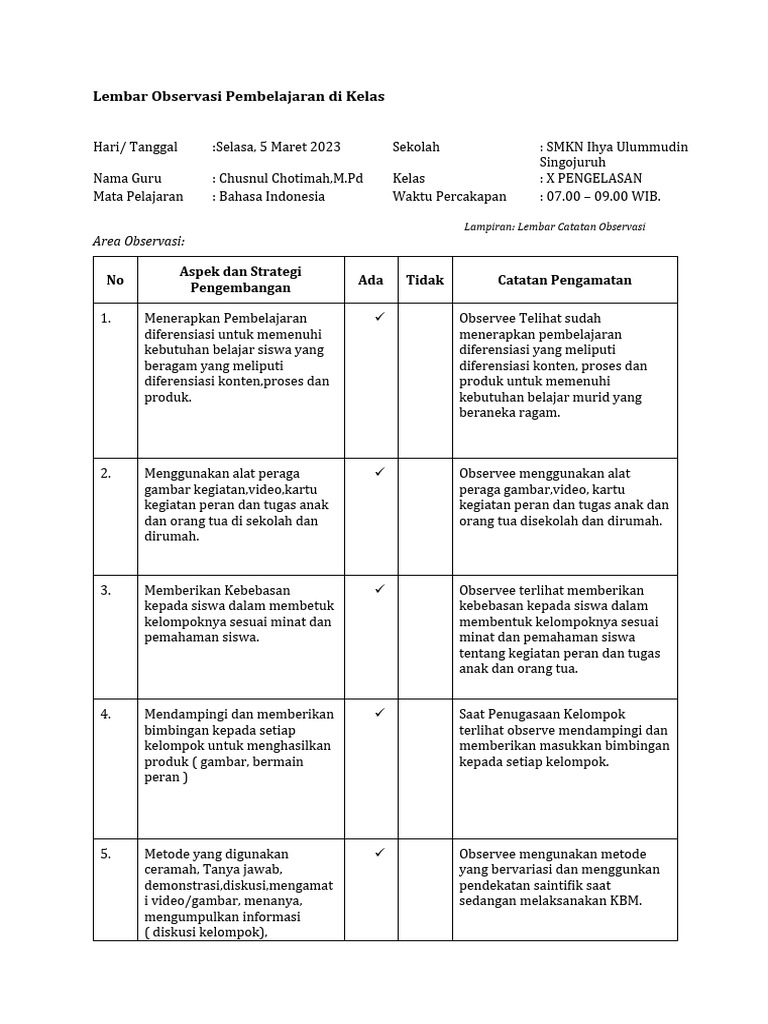 Lembar Observasi Pembelajaran | PDF | Karier & Perkembangan