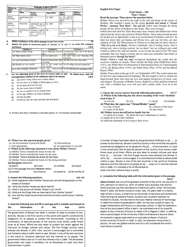 English First Paper | Download Free PDF | Mother Teresa