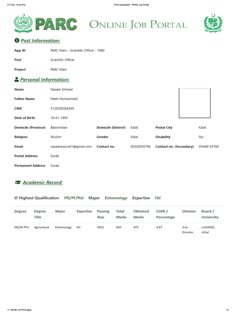 Print Application - PARC Job Portal Naseer Ahmed | PDF