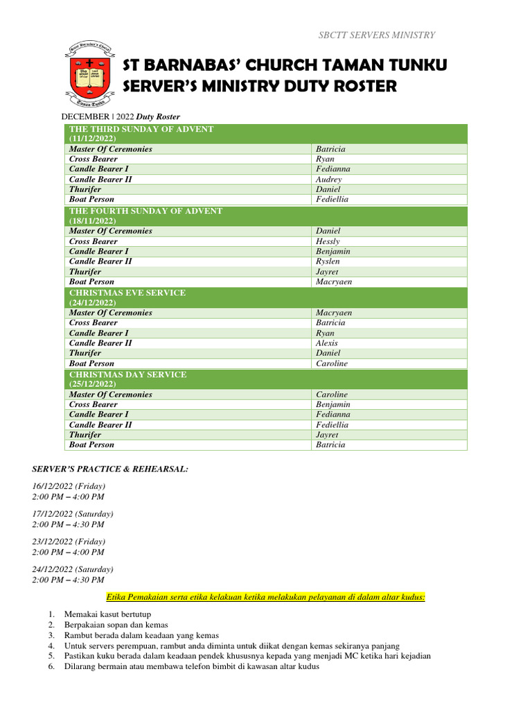 Servers Ministry SBCTT Duty Roster (Dec 2022) | PDF