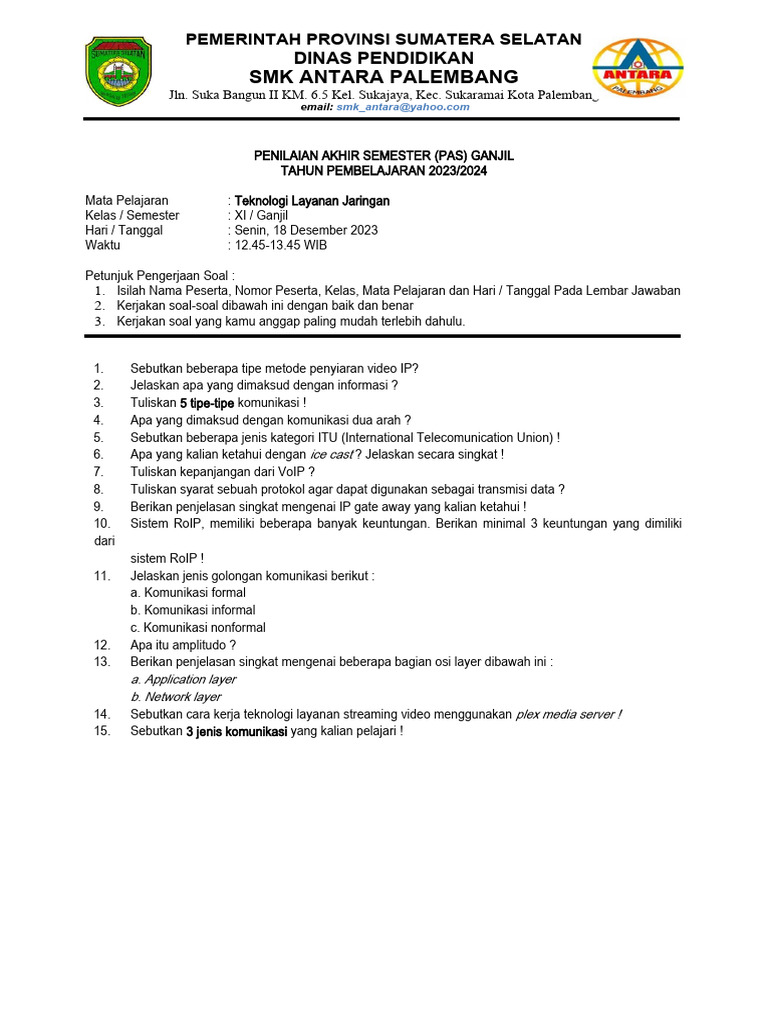 Soal Dan Jawaban Pas SMK Antara TLJ Kelas 11 | PDF