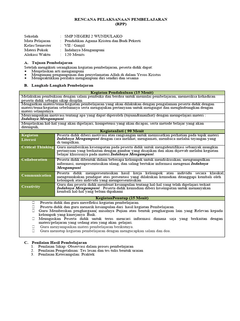RPP 1 Lembar PAK Kelas 7 Semester 1 | PDF | Karier & Perkembangan | Pengembangan Diri