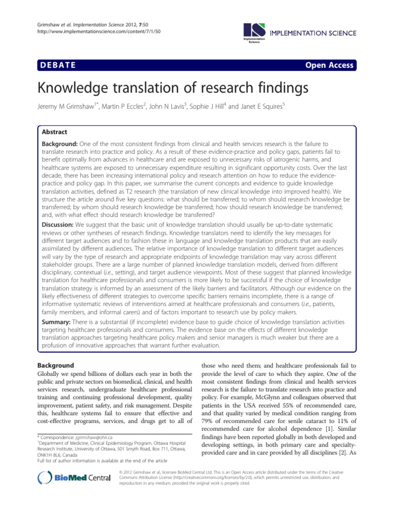 Knowledge Translation of Research Findings: Debate Open Access | PDF ...