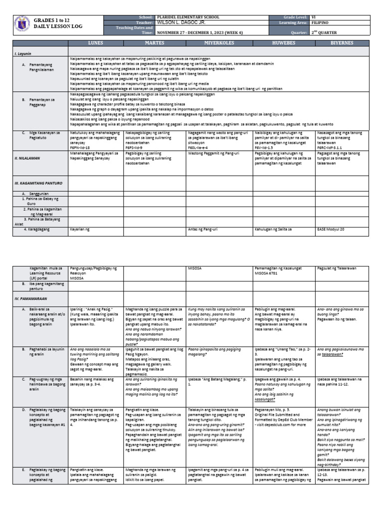 DLL - Filipino 6 - Q2 - W4 | PDF