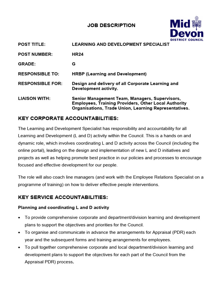 Learning and Development Specialist Role | PDF | Occupational Safety ...
