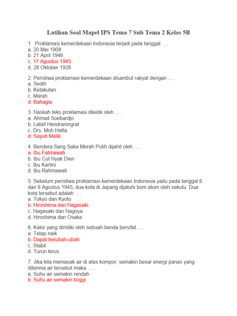 Latihan Soal Mapel IPS Tema 7 Sub Tema 2 | PDF