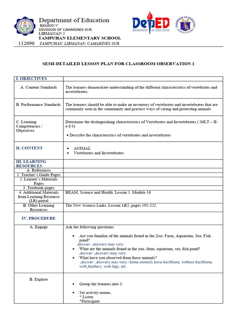 Lesson Plan on Vertebrates vs. Invertebrates | PDF | Invertebrate ...