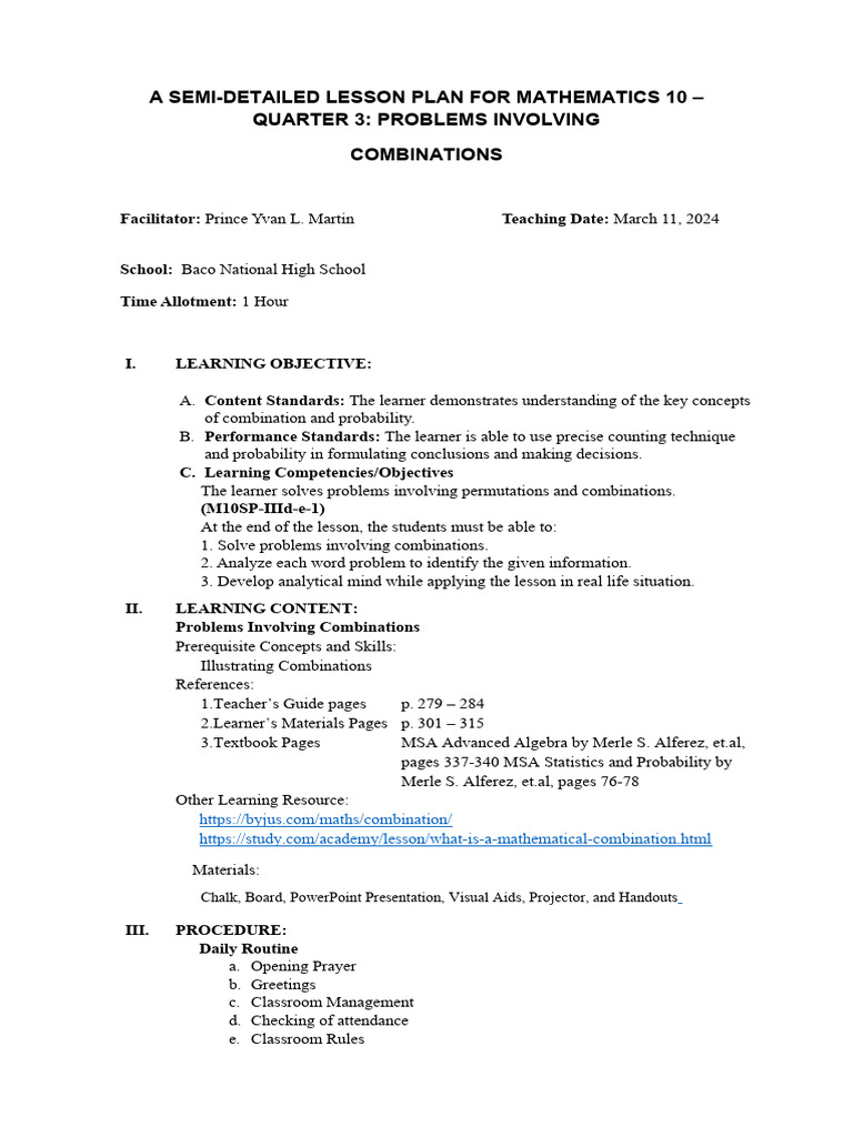 Problems Involving Combination | PDF | Learning | Mathematics