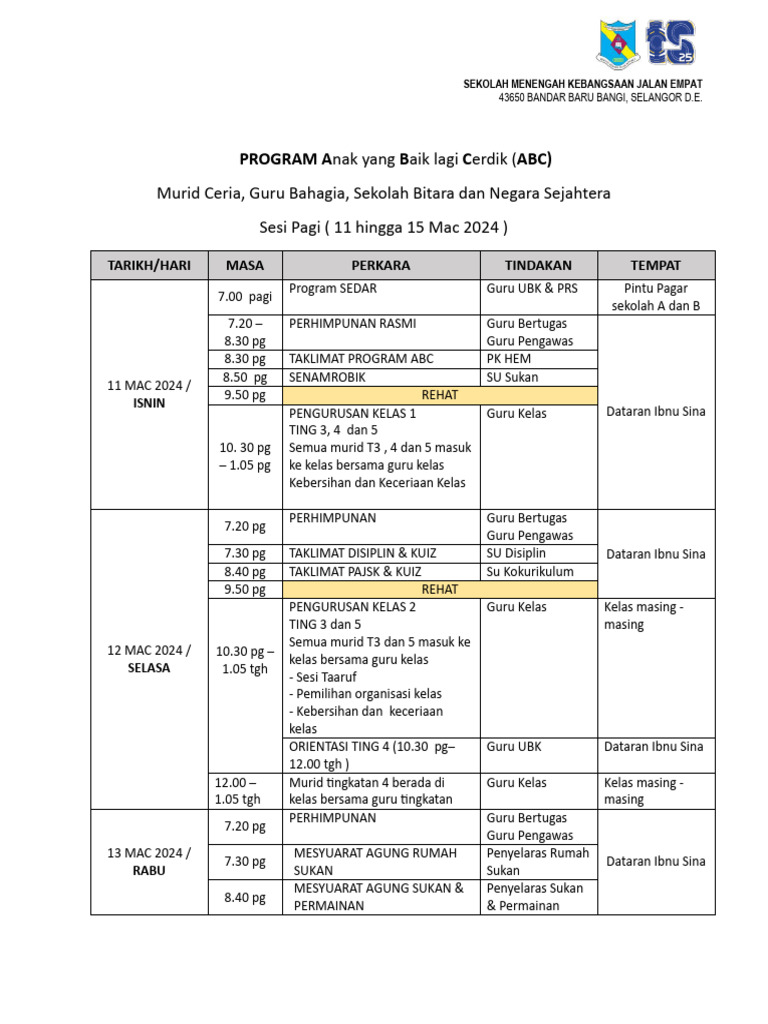PROGRAM Anak Yang Baik Lagi Cerdik Sesi Pagi 2024 | PDF