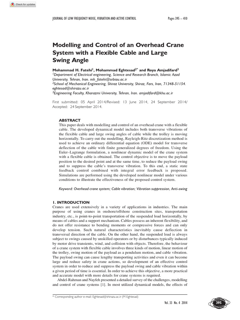 Fatehi Et Al 2014 Modelling And Control Of An Overhead Crane System