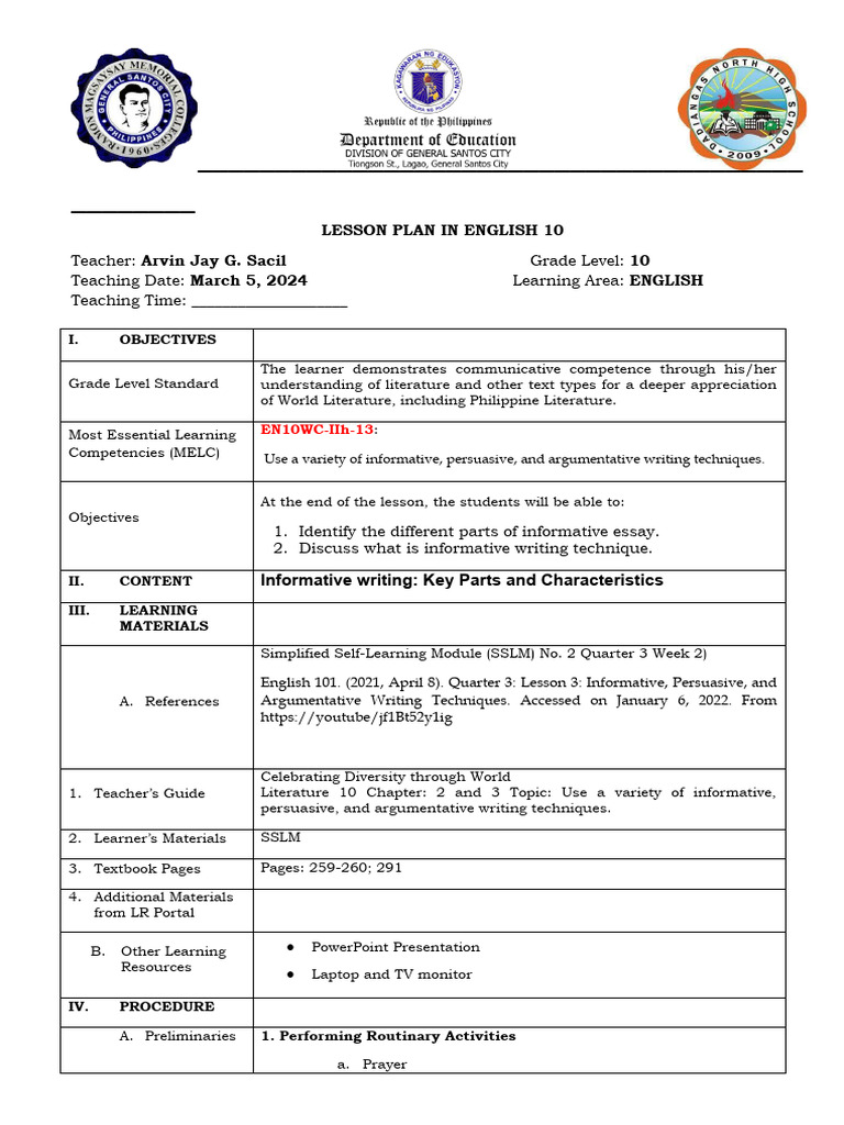 Informative Writing Lesson Plan | PDF | Essays | Learning