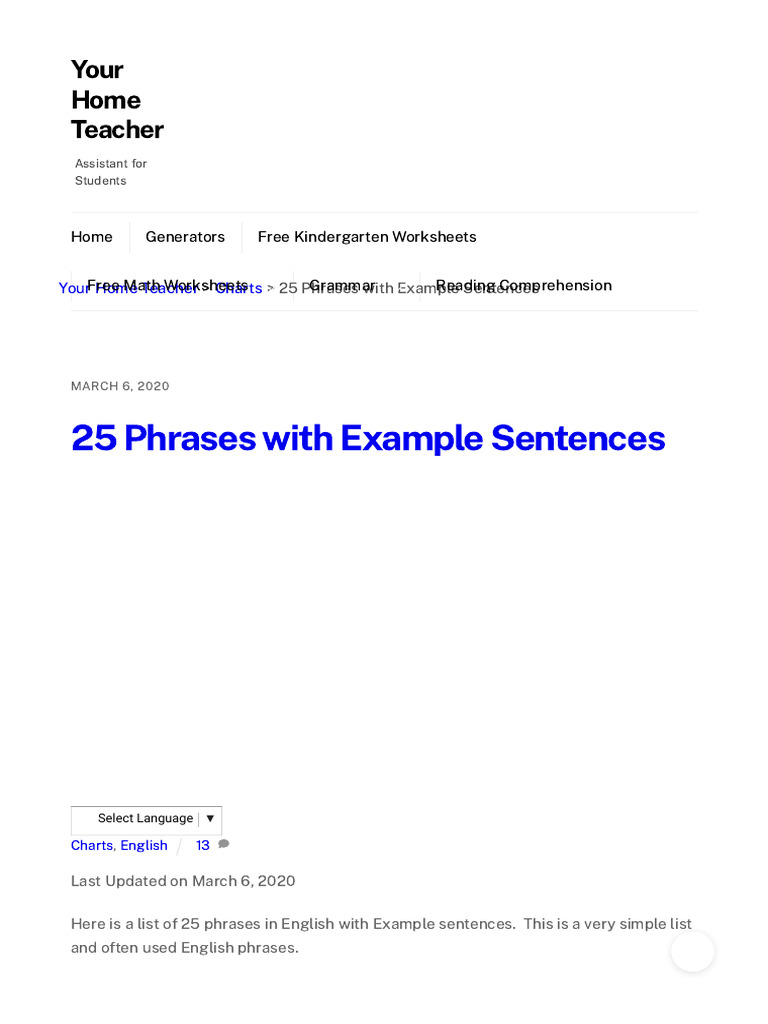25 Phrases With Example Sentences - Your Home Teacher | PDF | English ...