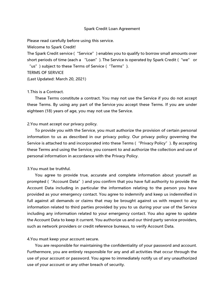 Spark Credit Loan Agreement | PDF