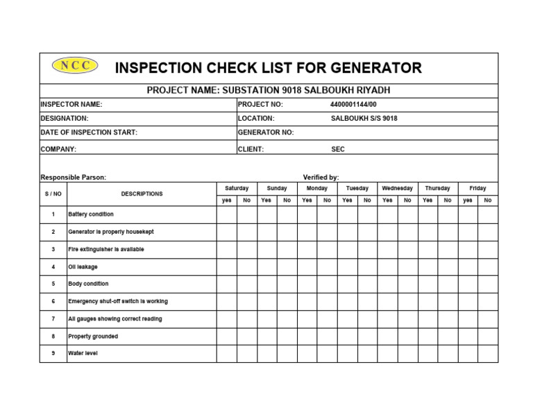 Generator Check List | PDF