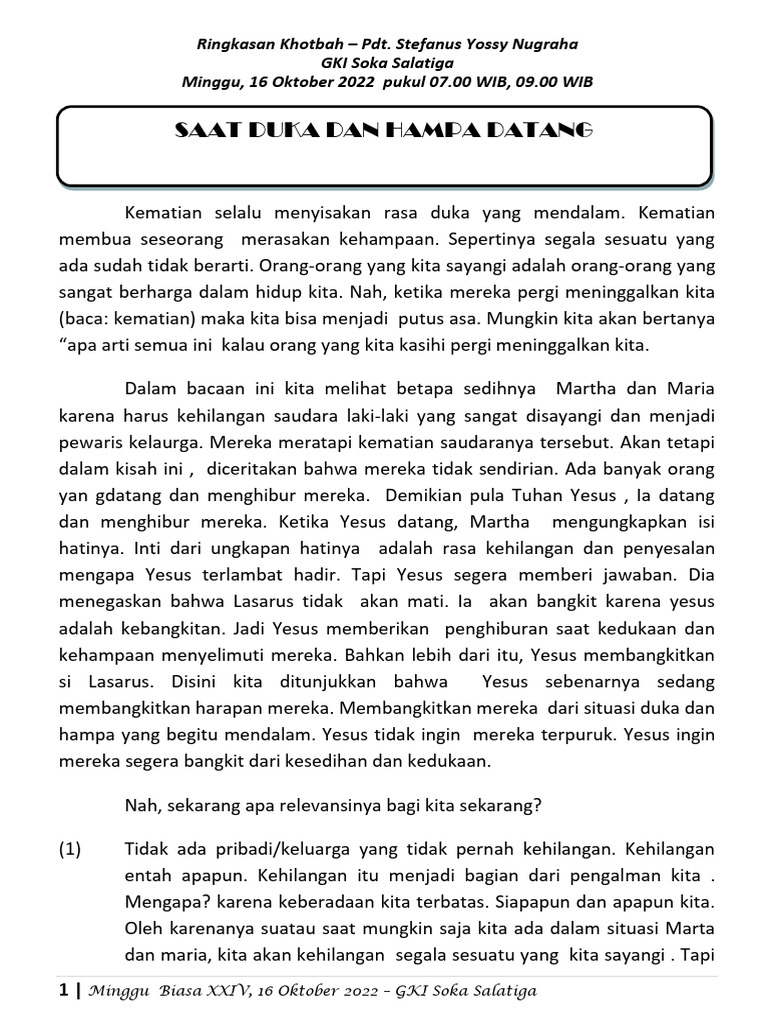 Form Ringkasan Khotbah 16102022 (PDT Yossy) | PDF | Filsafat