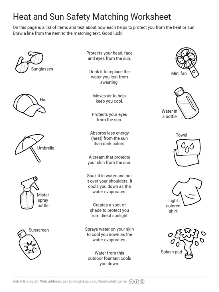 Aab Heat Sun Safety Matching Worksheet | PDF | Water | Sunglasses