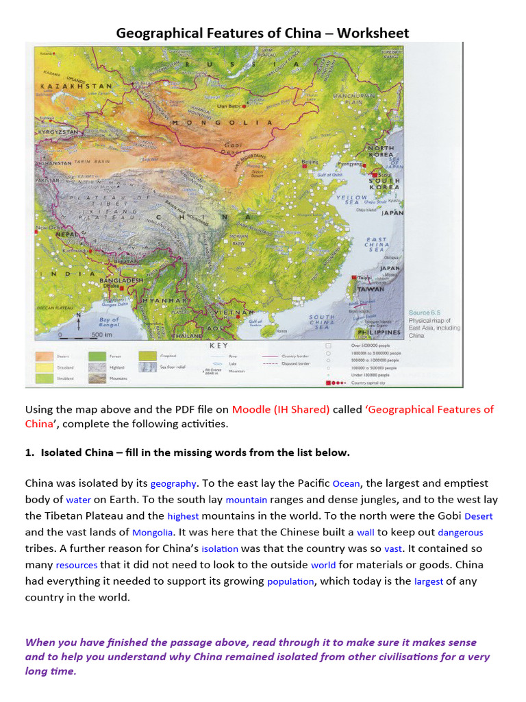 Geographical Features of China - Worksheet | PDF | China | World Politics