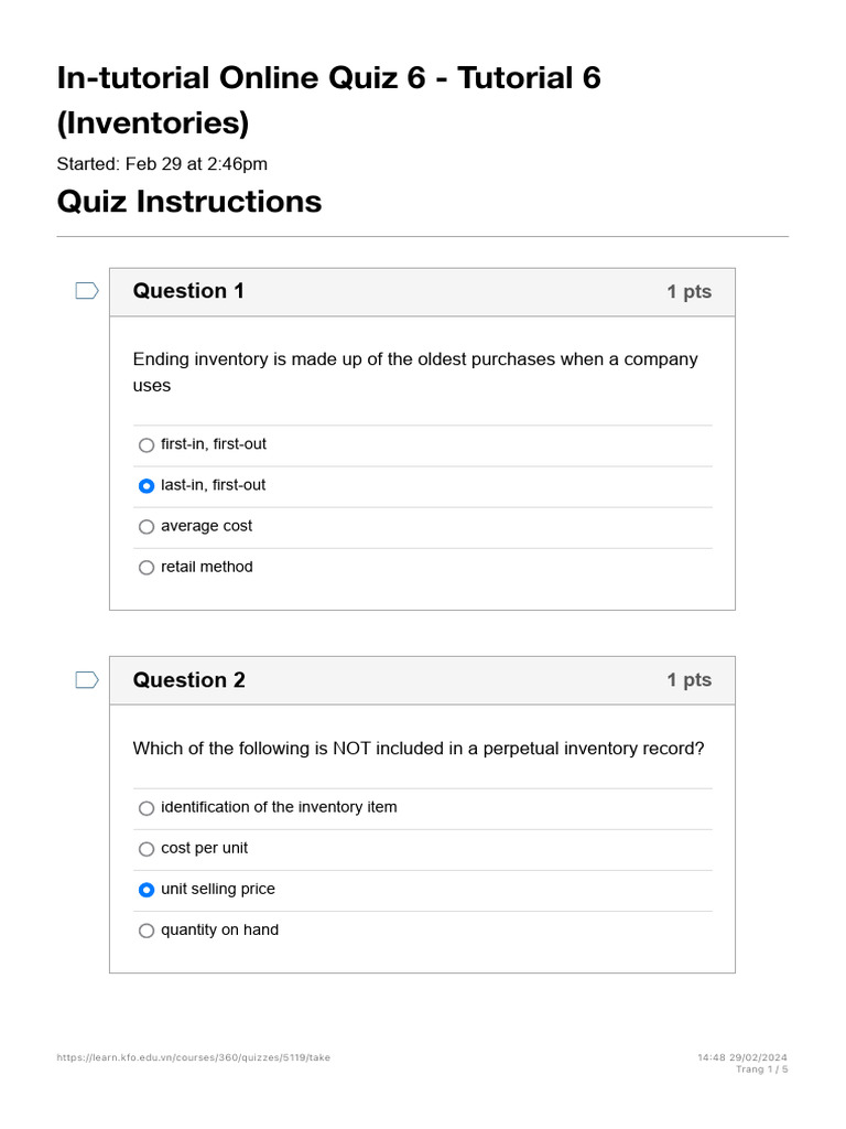 Quiz - In-Tutorial Online Quiz 6 - Tutorial 6 (Inventories) | PDF