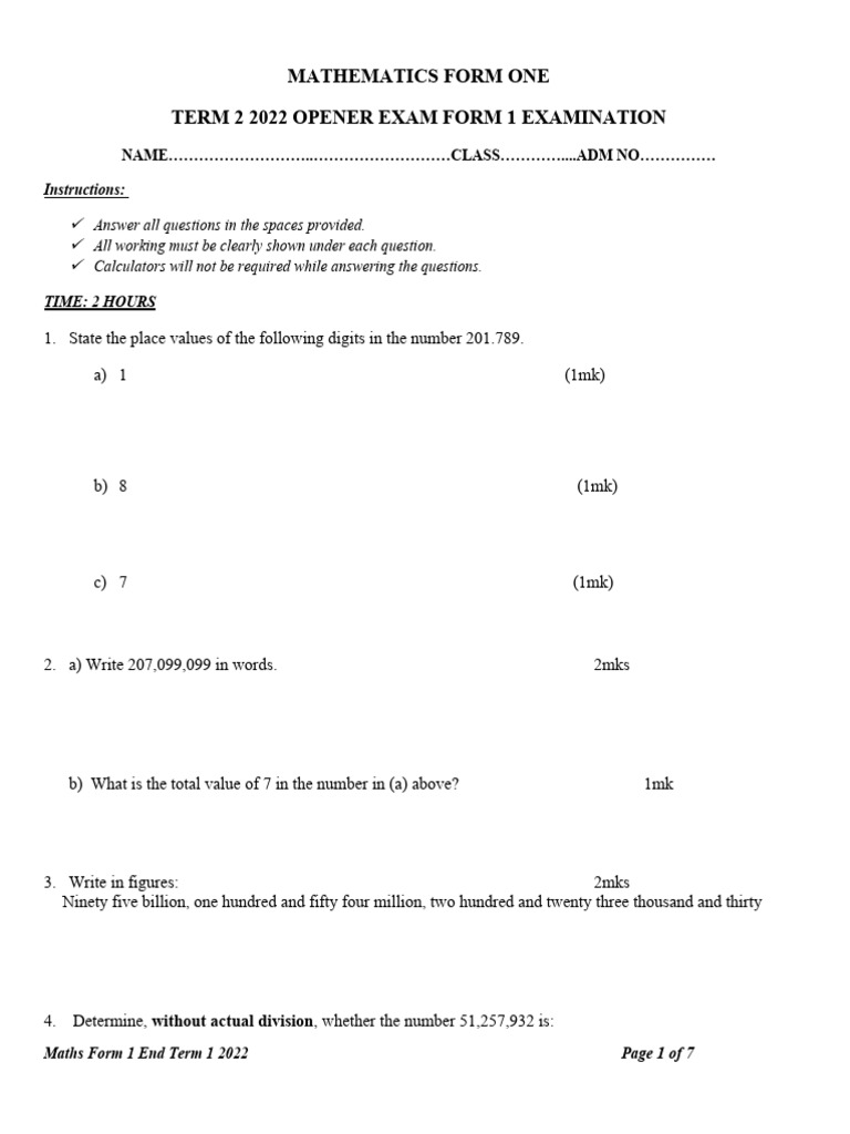 Form One Mathematics Exam 2022 | PDF | Numbers | Mathematical Objects