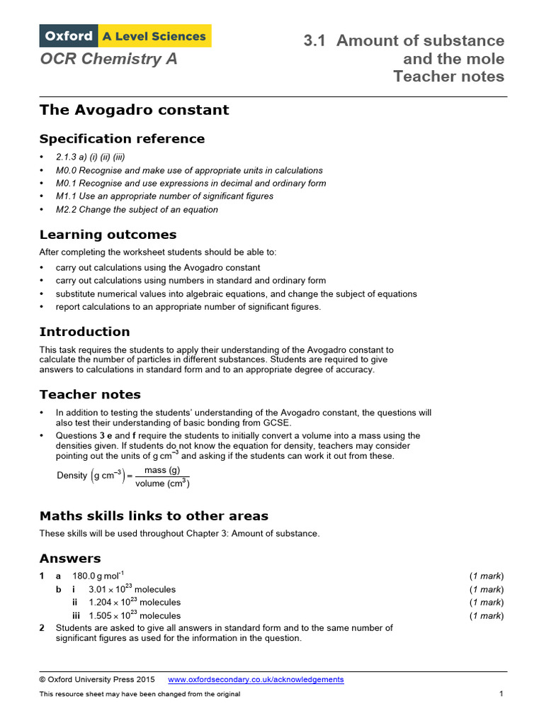 Avogadro Constant Calculations Guide | PDF | Mole (Unit) | Molecules