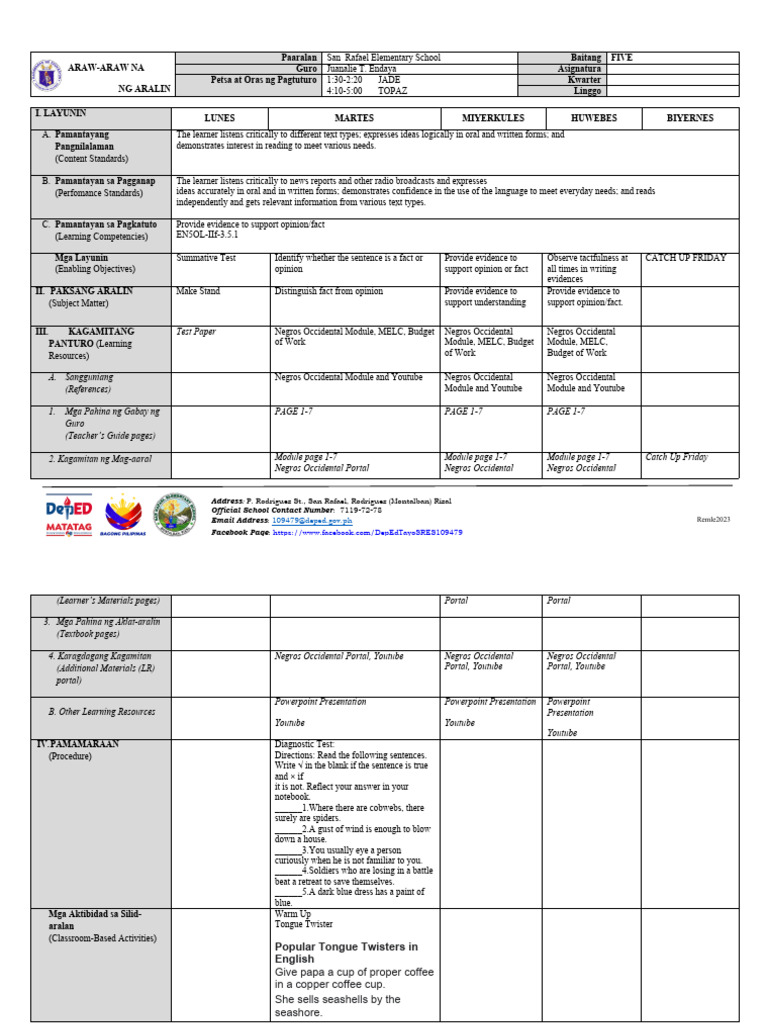 Grade 5 Lesson Plan Overview | PDF | Cognition