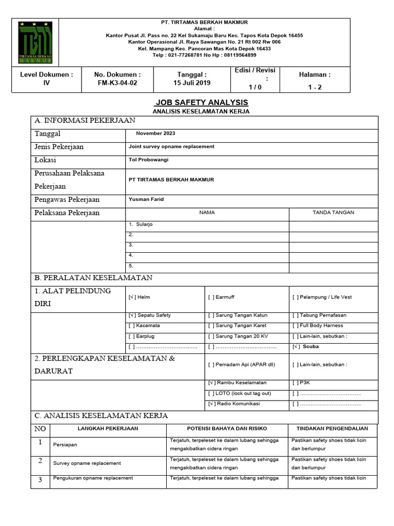 FM-K3-04-02 - Formulir Jsa Joint Survey Opname Hamparan Granular | PDF