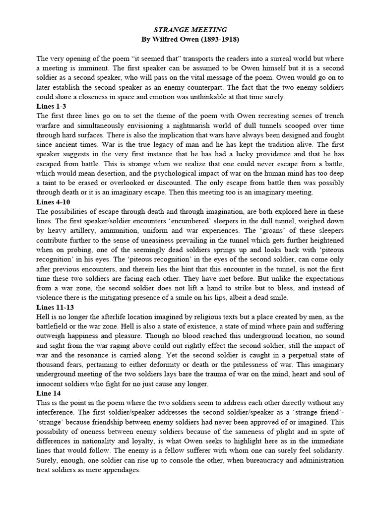 Analysis of Wilfred Owen's "Strange Meeting" | PDF