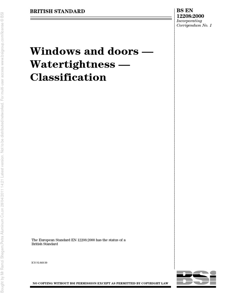 Windows and Doors Ð Watertightness Ð Classification: British Standard ...