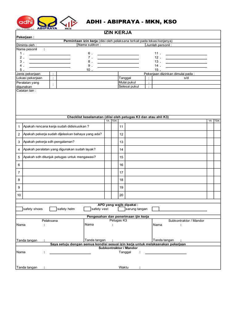 Formulir Izin Kerja Permit To Work (PTW) Ready To Print | PDF