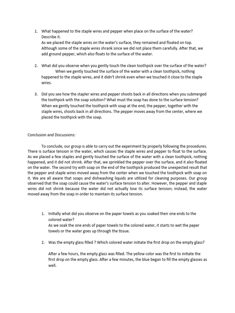 Surface Tension and Capillary Action Experiment | PDF | Water | Adhesion
