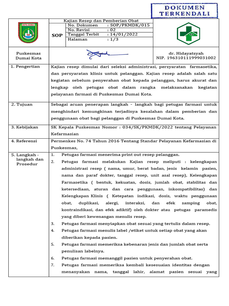 SOP Kajian Resep Obat Dumai | PDF