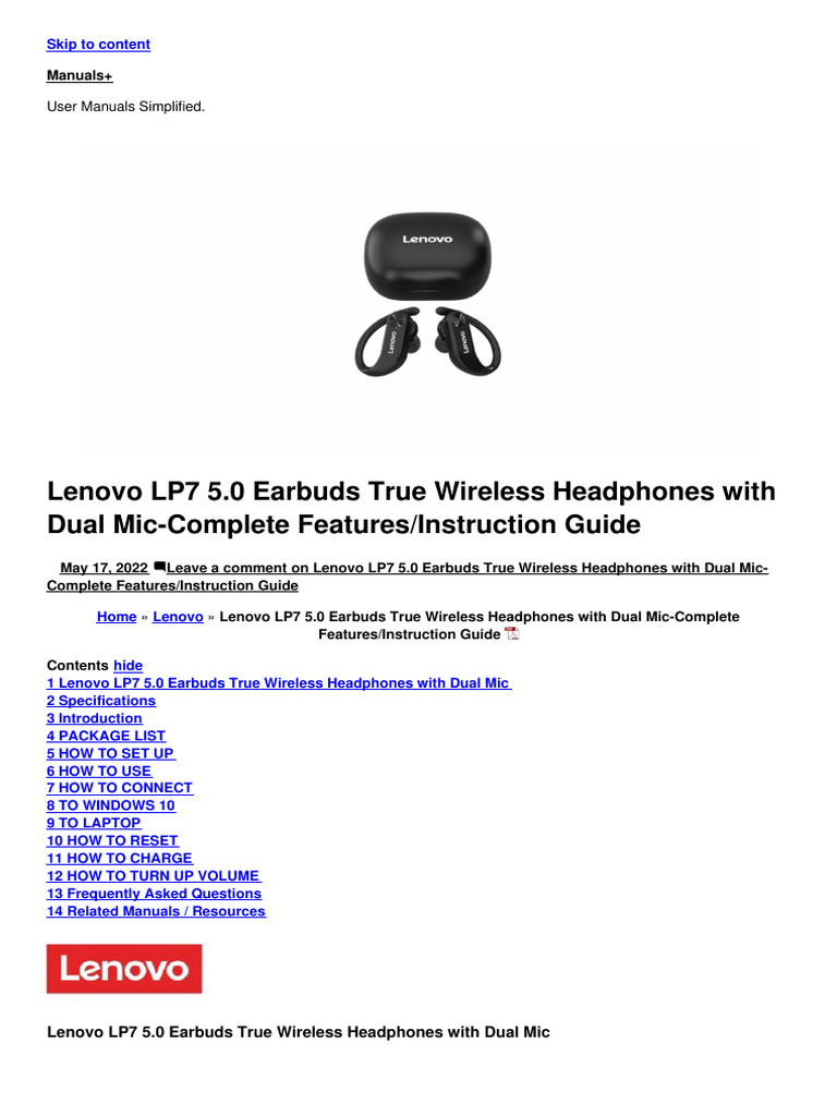 Lenovo LP7 Earbuds User Manual | PDF | Headphones | Bluetooth