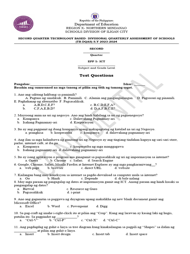 EPP 5 ICT Test Questions 2nd Quarter | PDF