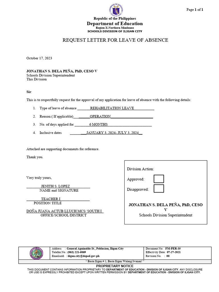 FM Per 35 Request Letter For Leave of Absence | PDF | Government