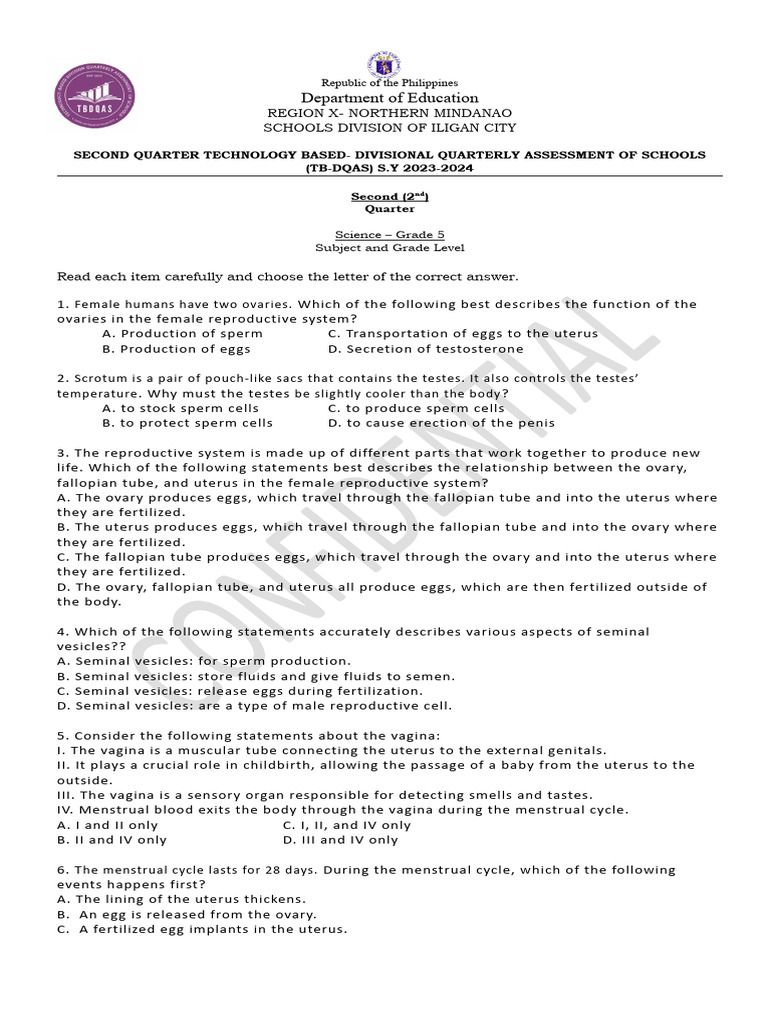 SCIENCE G5-Test-Questions-TB-DQAS Q2 SY 2023-2024 | PDF | Menstrual ...