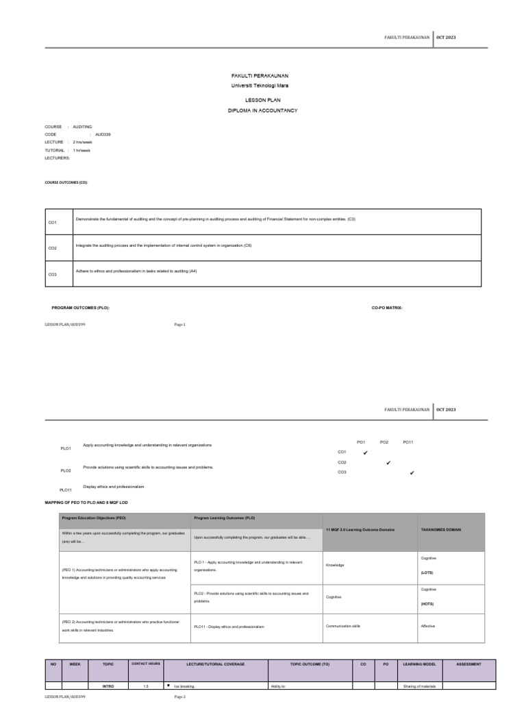 AUD339 - OBE Lesson Plan 1 | PDF | Auditor's Report | Audit