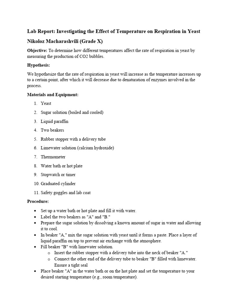 Lab Protocol About Yeast Respiration Biology Pdf Water Carbon Dioxide