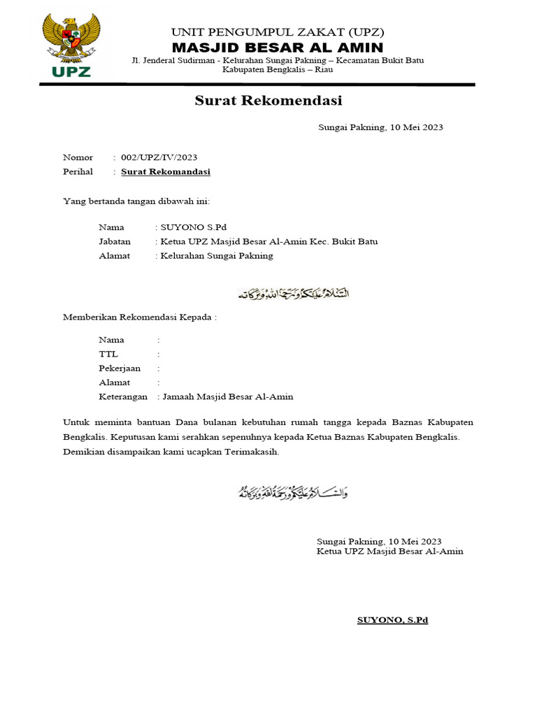 Surat Rekomendasi Bantuan Ke Baznas | PDF