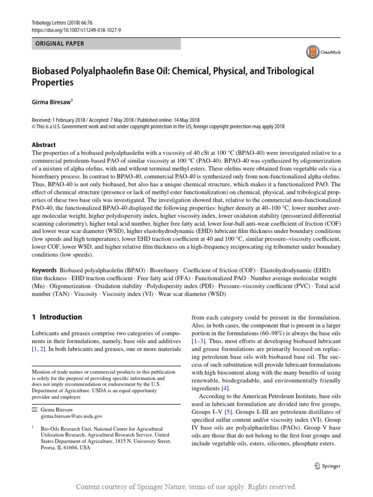 Biobased Polyalphaolefin Base Oil Chemical Physica | PDF | Viscosity ...