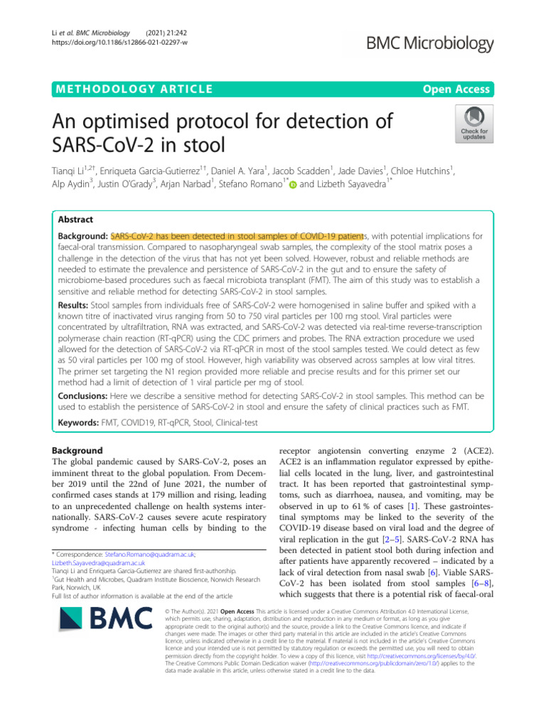 1. An optimised protocol for detection of SARS-CoV-2 in stool | PDF ...