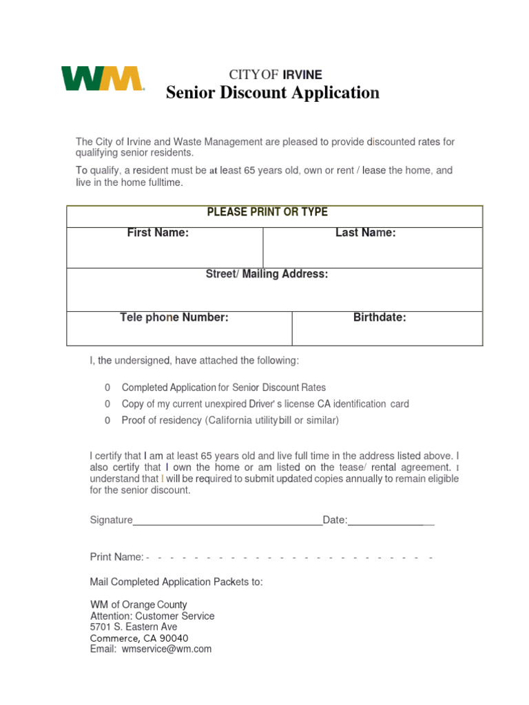 Irvine Senior Discount Form | PDF