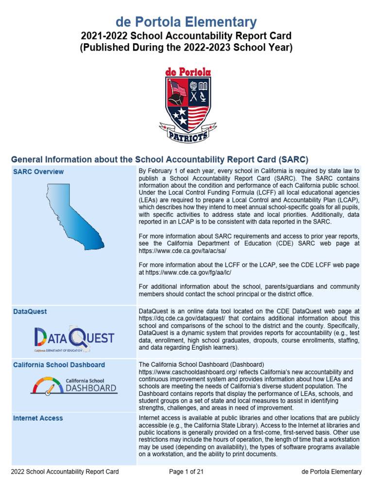 de Portola Elementary 2022 SARC | PDF | Race And Ethnicity In The ...