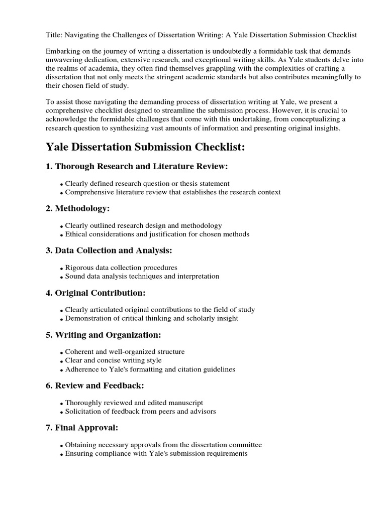 Yale Dissertation Submission Checklist | PDF | Thesis | Methodology