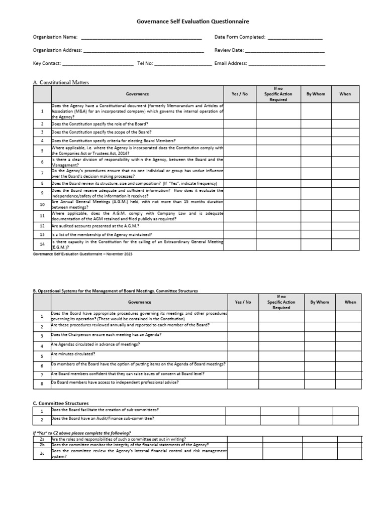 Governance Self Evaluation Questionnaire November 2023 | PDF ...