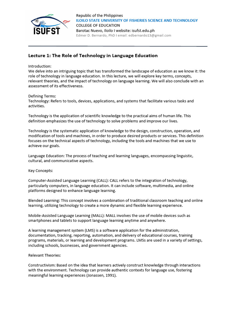 Major 18 Lecture 1 The Role of Technology in Language Education | PDF ...
